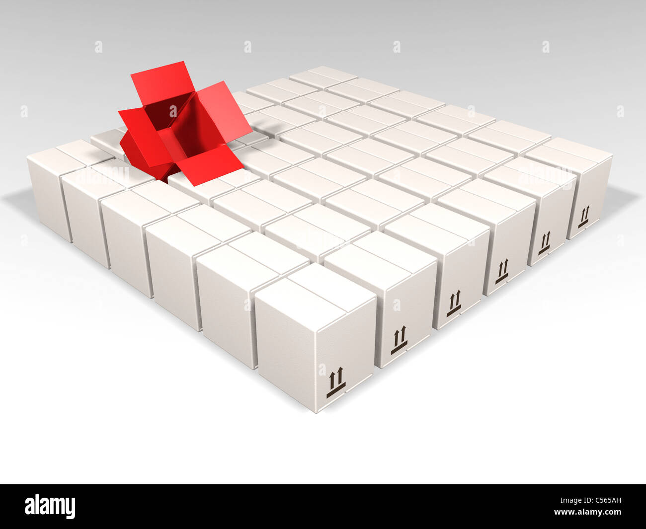 One open red box amongst lots of white boxes Stock Photo - Alamy