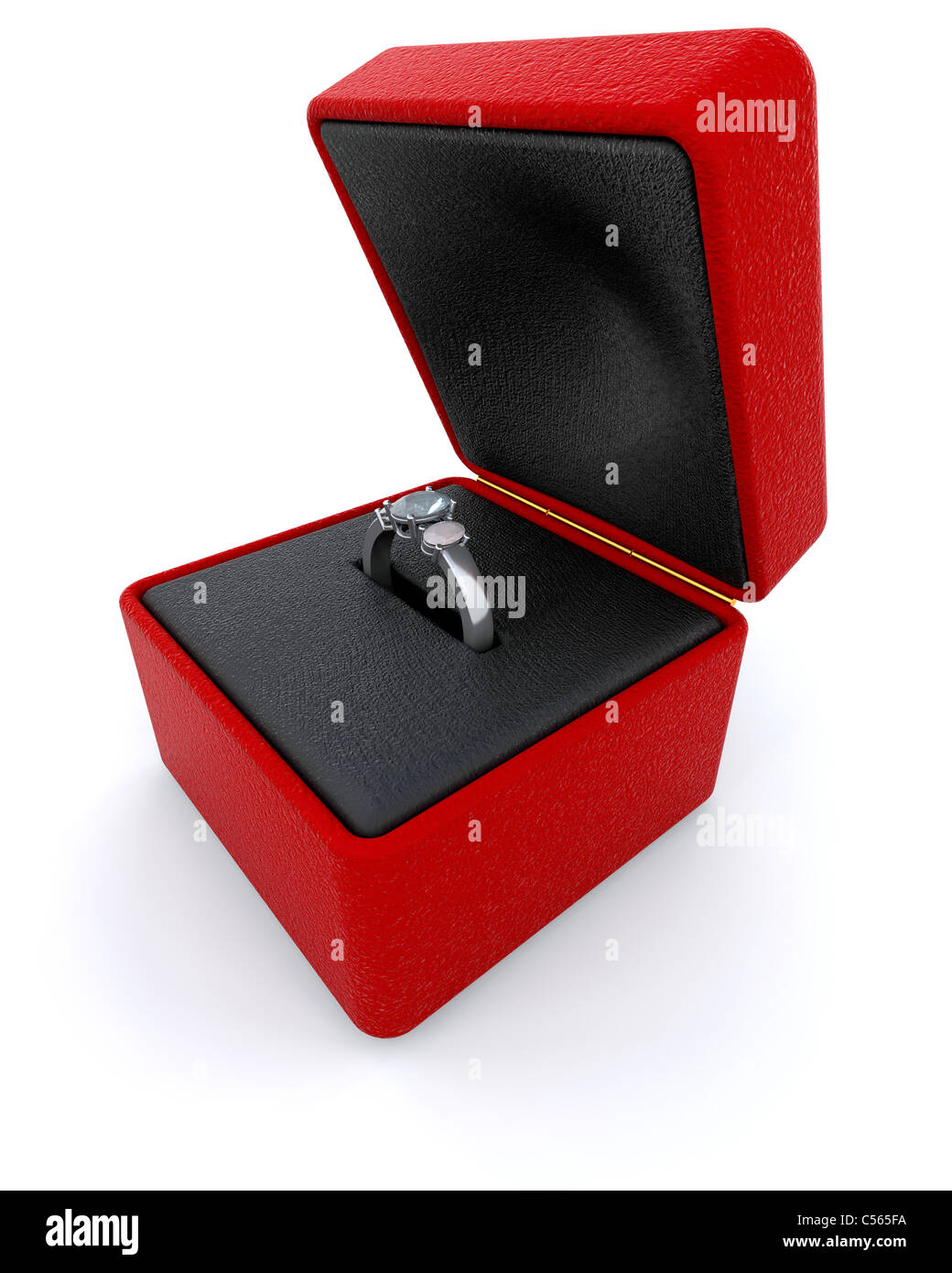 Silver engagement ring in a red ring box Stock Photo - Alamy