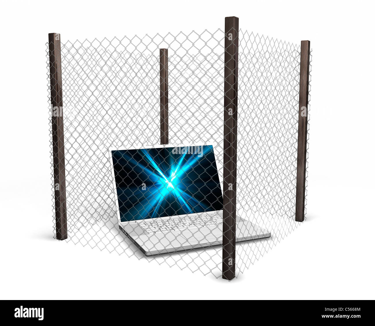 3D render of a computer behind a wire fence depicting computer security ...
