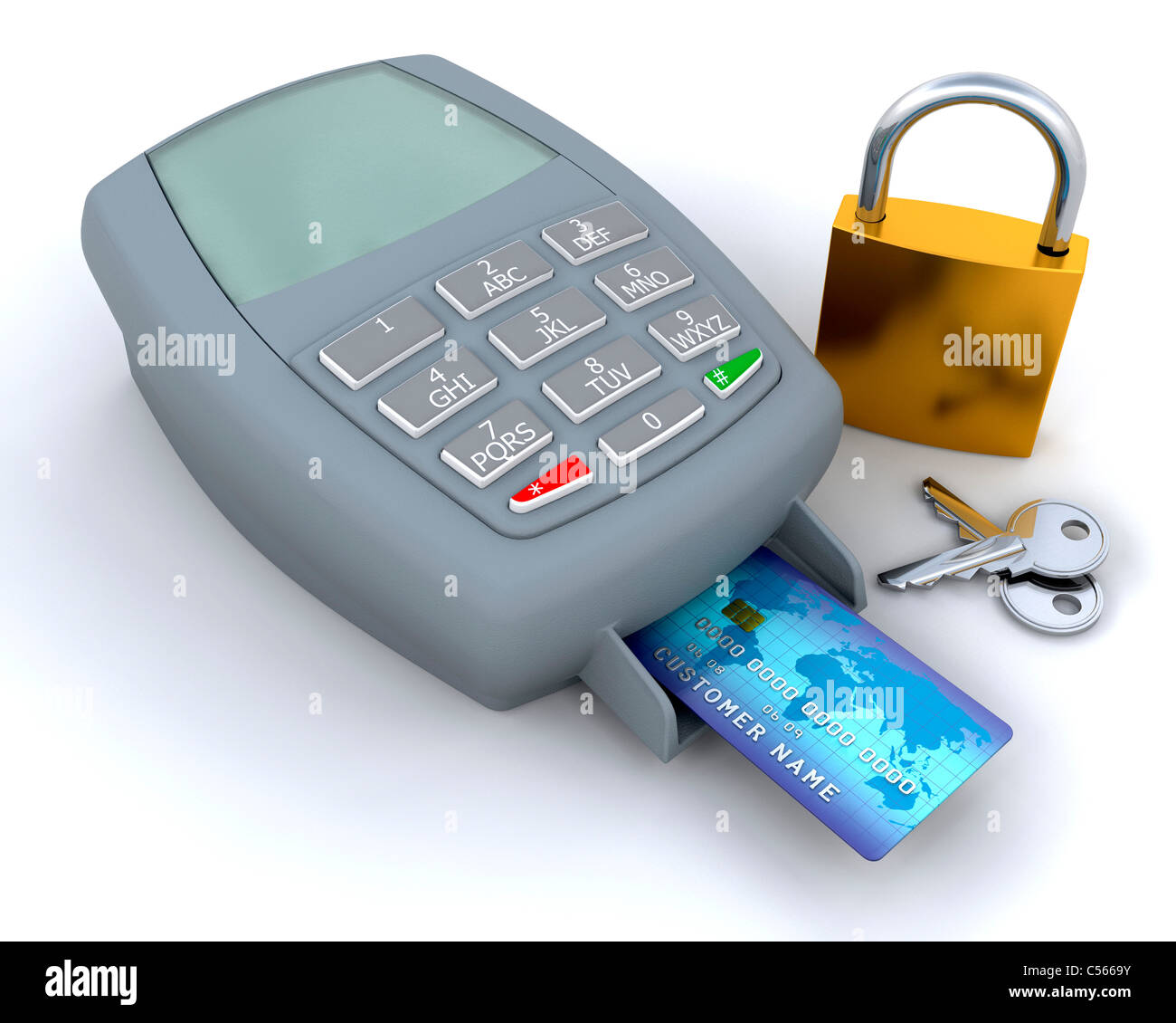 Credit card in machine with padlock and key Stock Photo - Alamy