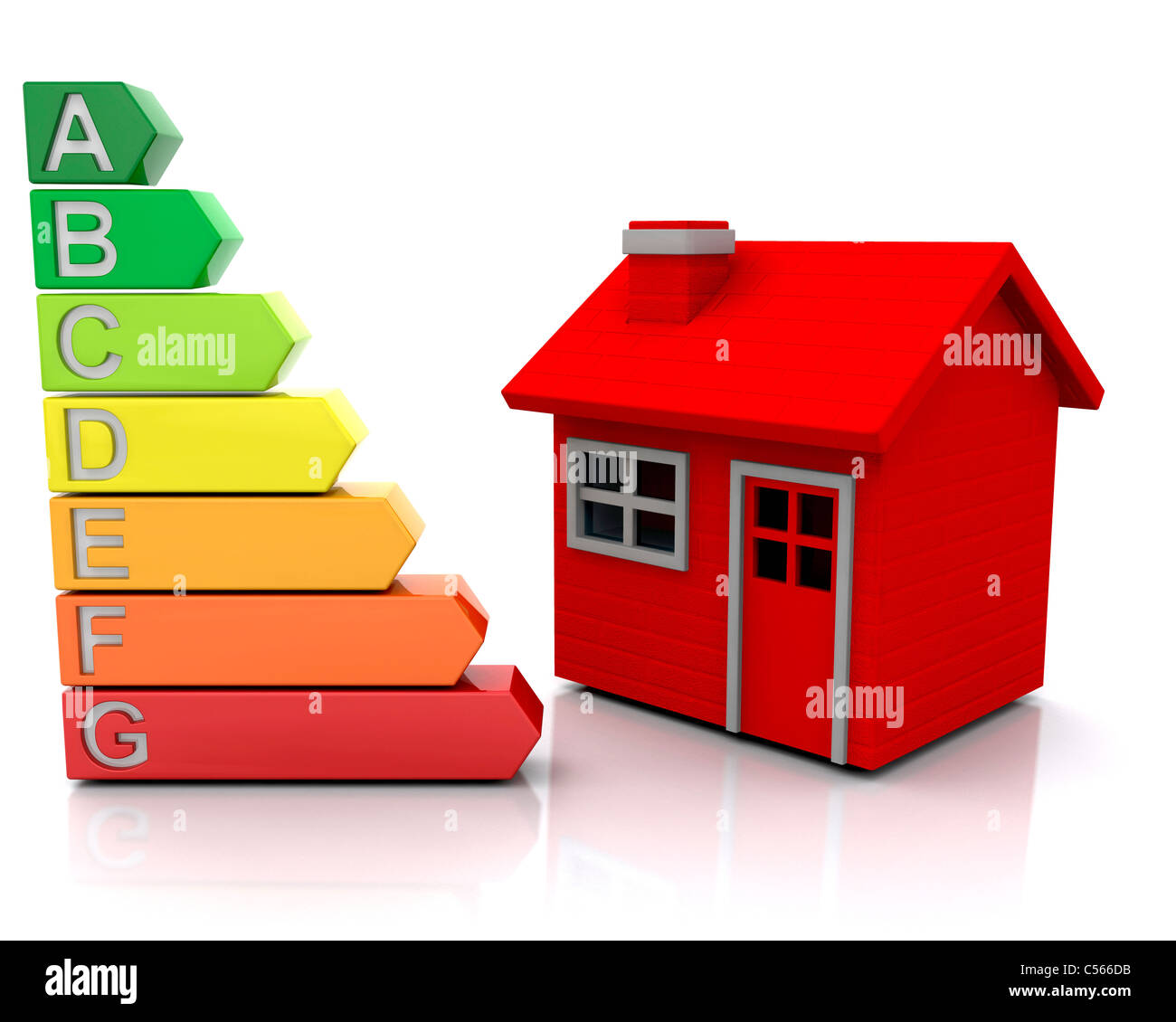 3D render of a red house and energy rating graph depicting poor energy ...