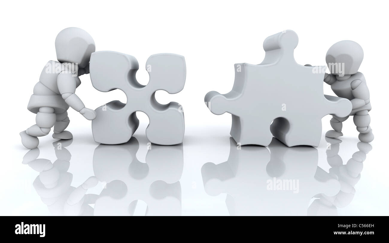 3D render OF MAN SOLVING JIGSAW PUZZLE Stock Photo - Alamy