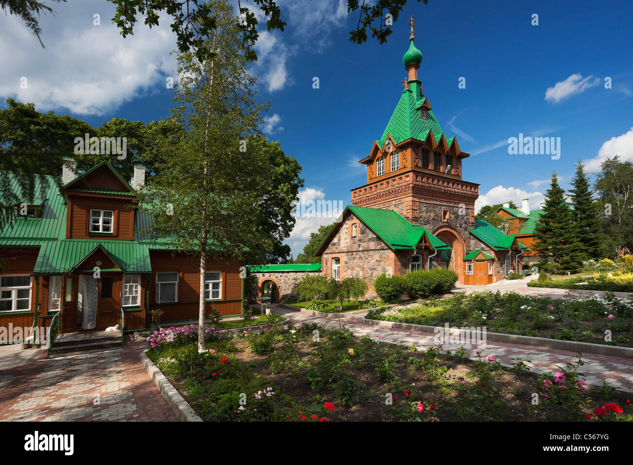 The tower over main gates and inner yard of Kuremäe Pühtitsa Dormition ...