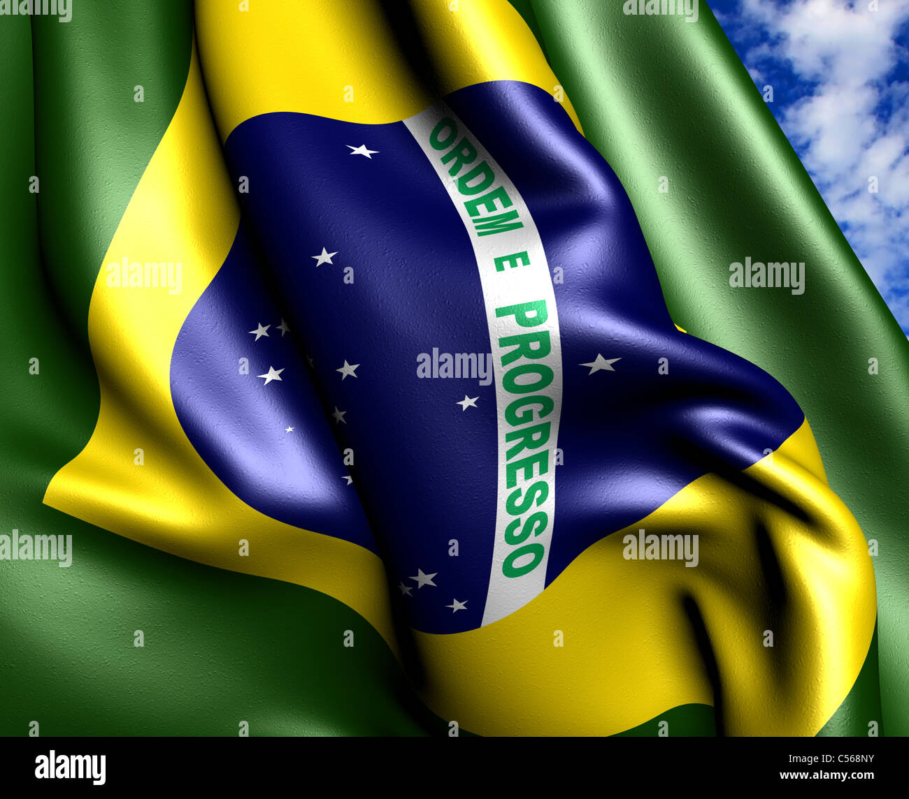 Flag of Brazil against cloudy sky. Close up Stock Photo - Alamy