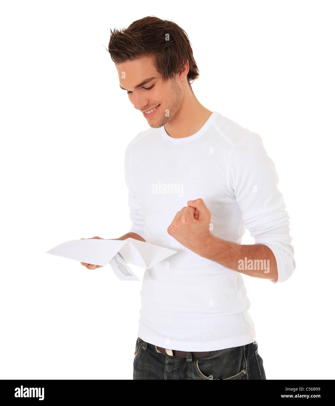 Attractive young man getting good news. All on white background Stock ...