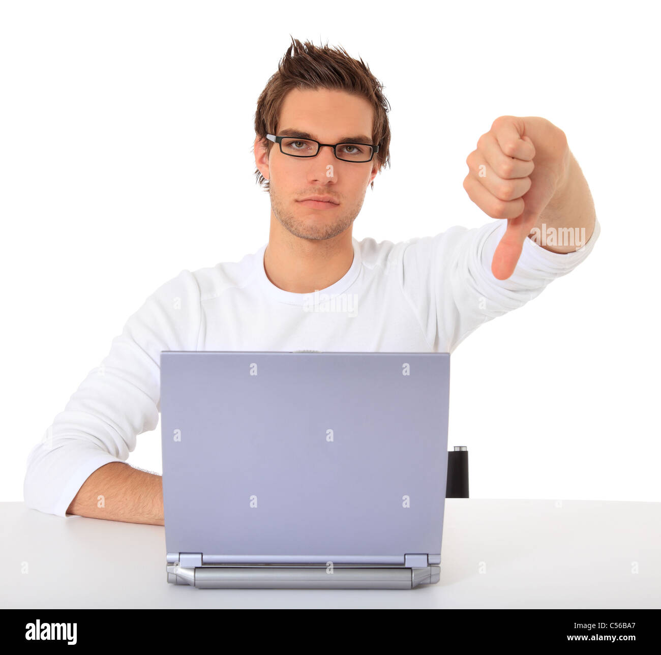 Young guy got a problem with his computer. All on white background ...