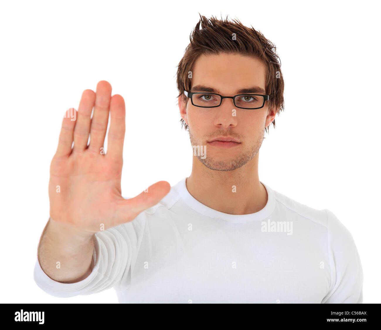 Young guy with repelling gesture. All on white background Stock Photo ...