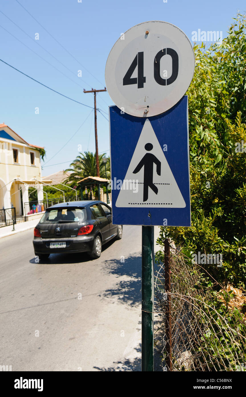 Greek speed limit and pedestrian crossing signs Stock Photo - Alamy