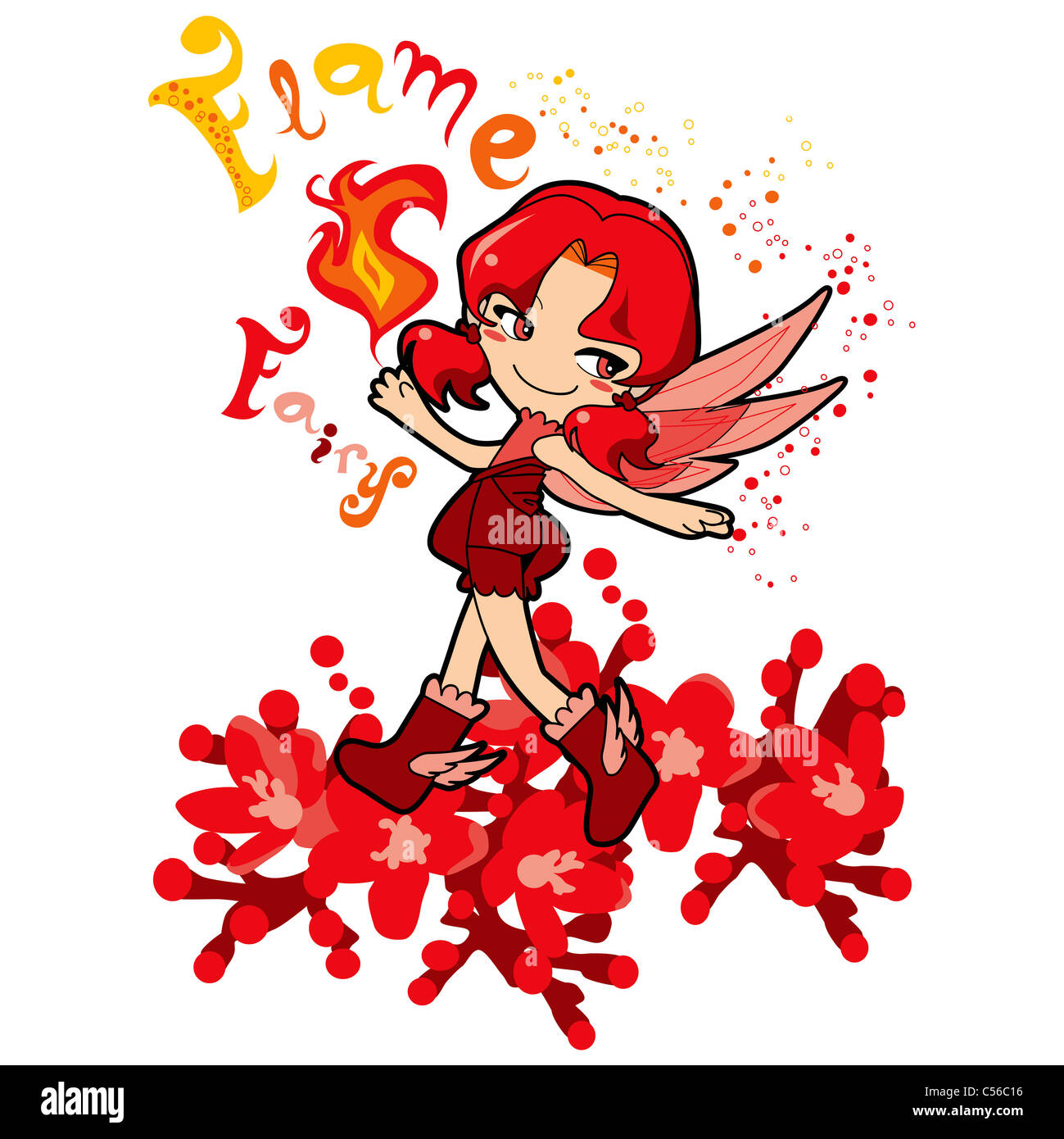 Lovely flame fairy making hot fire magic walking over red flowers Stock ...