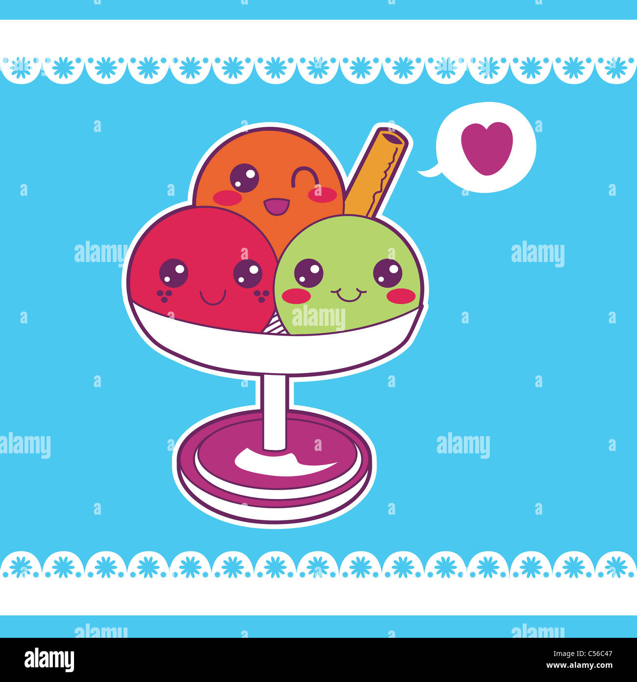 Three cute and sweet ice cream scoops on a cup waving a biscuit and ...