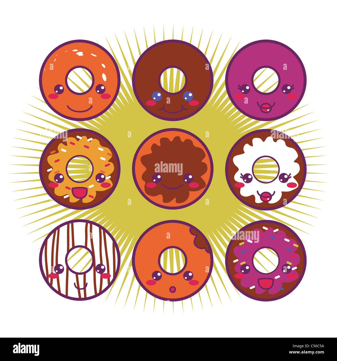Collection of nine different doughnuts with cute expressions Stock ...