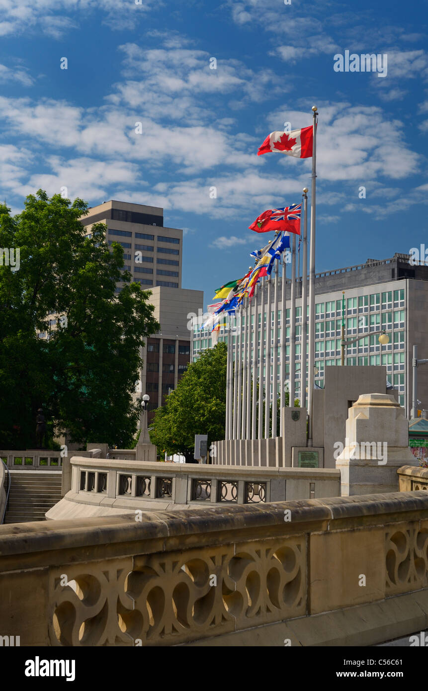 Provincial flags of Canada in downtown Ottawa from Sappers Bridge over the Rideau Canal in ...