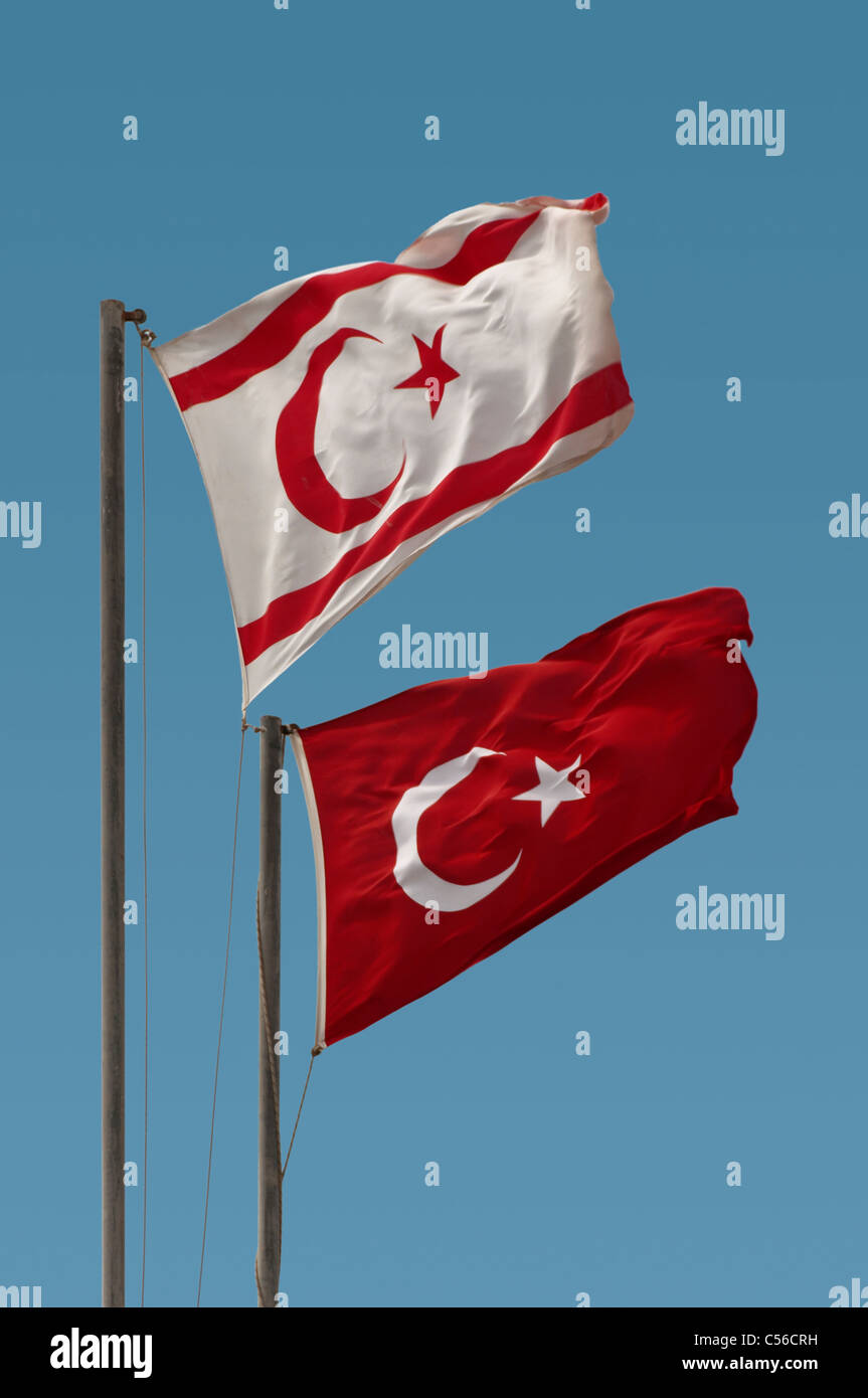 Flags of Turkey (left) and Northern Cyprus, Kyrenia, Turkish Republic ...