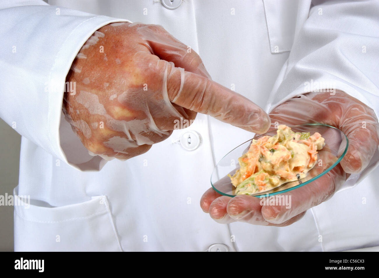 Vegetable salad with mayonnaise is investigated in the food laboratory ...