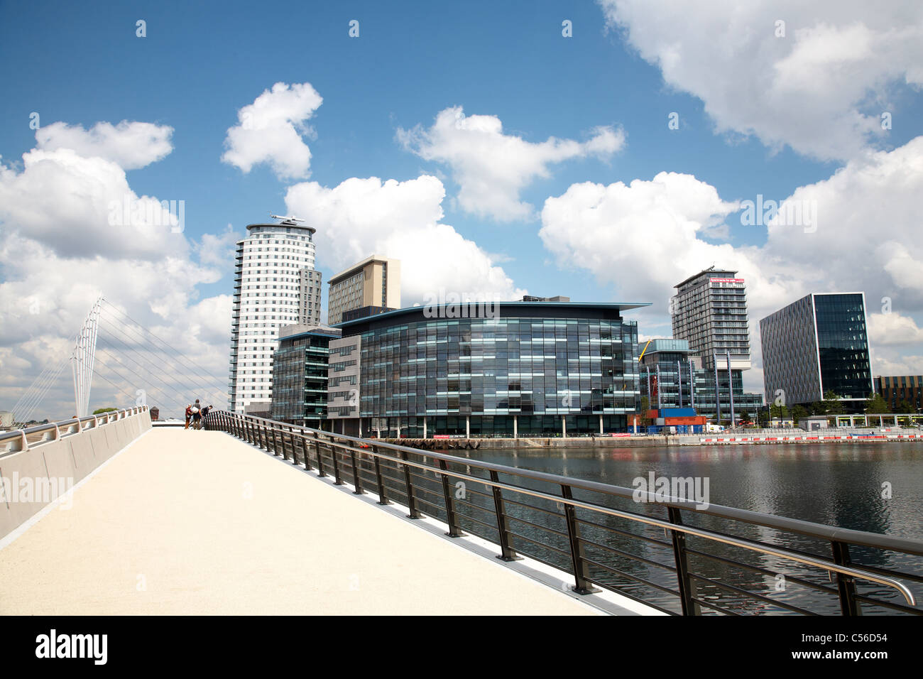 The bridge towards MediaCityUK with BBC building in Salford Quays ...