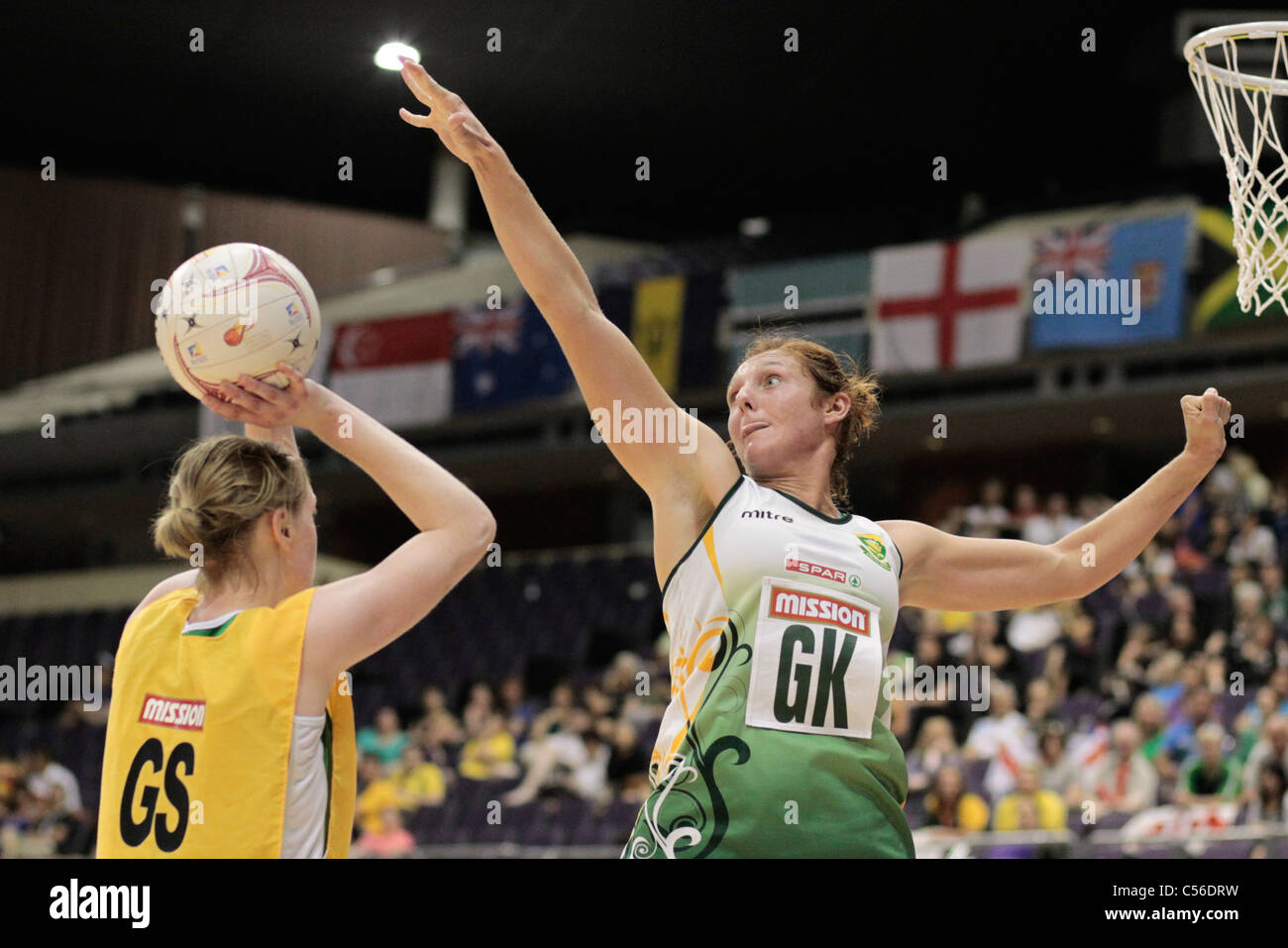 09.07.2011 Amanda Mynhardt of South Africa(right) goes in for the block ...