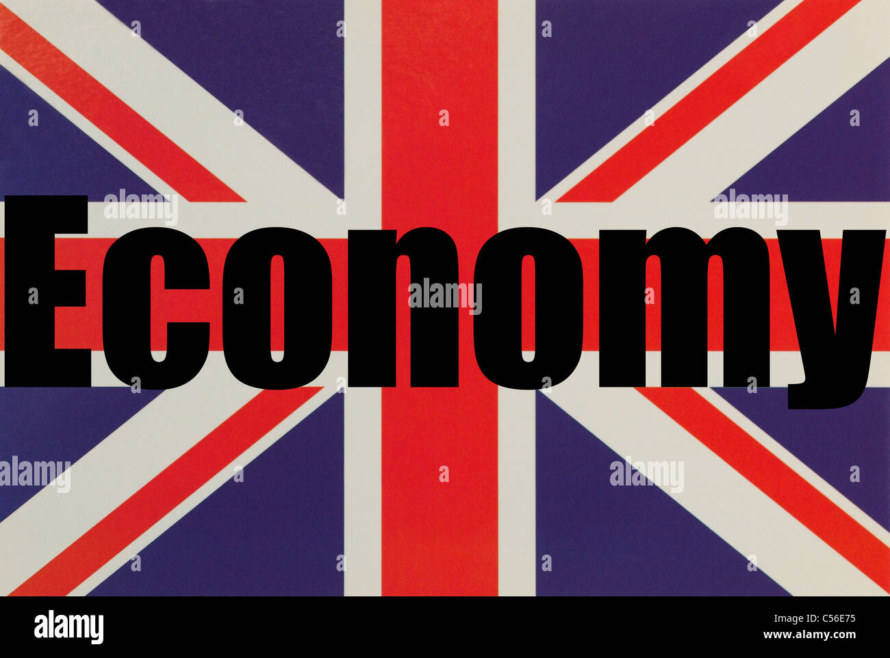 The word Economy - black lettering against a Union Jack background ...