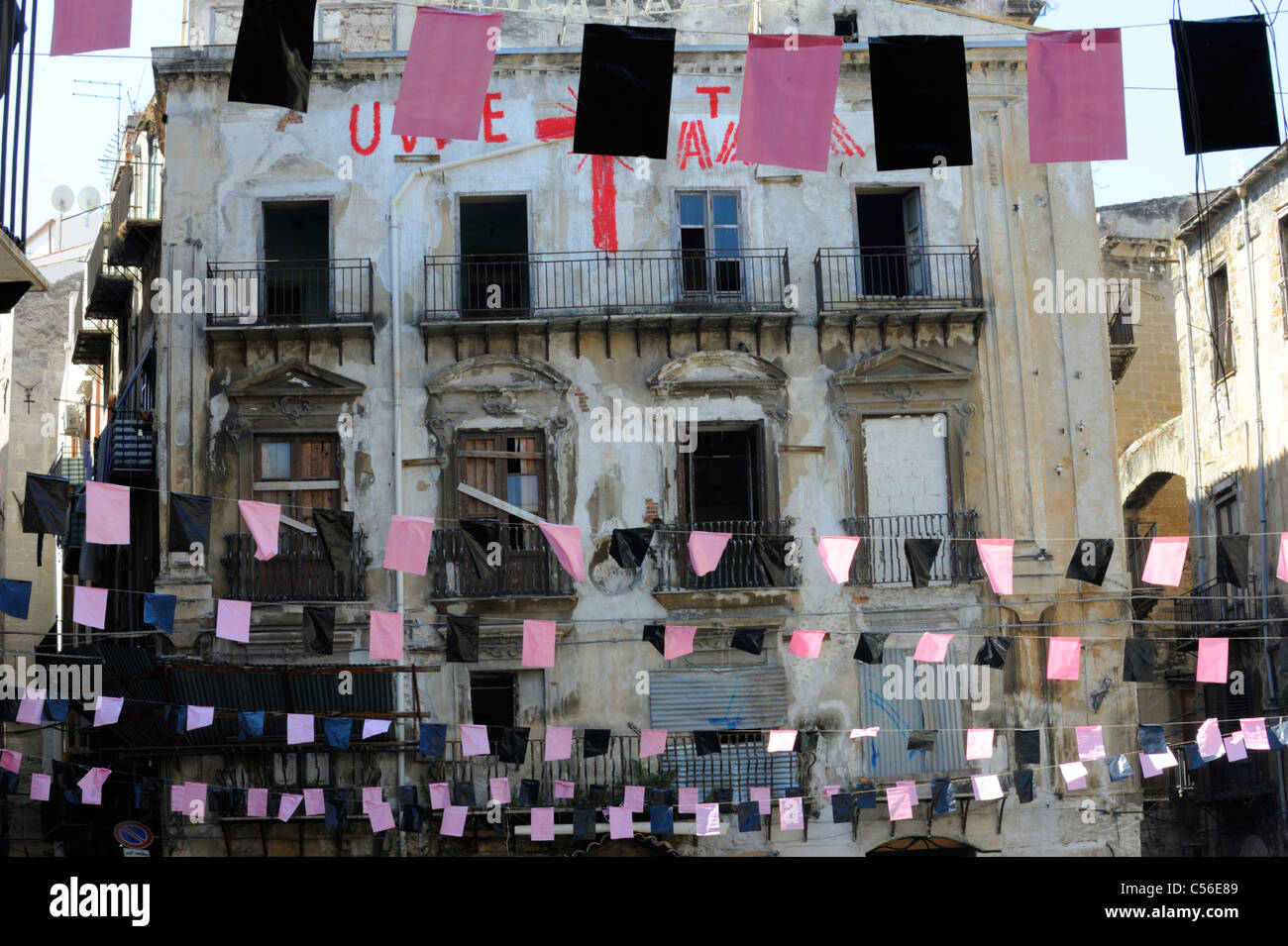 Colourful bunting celebrating the Palermo football teams promotion to ...