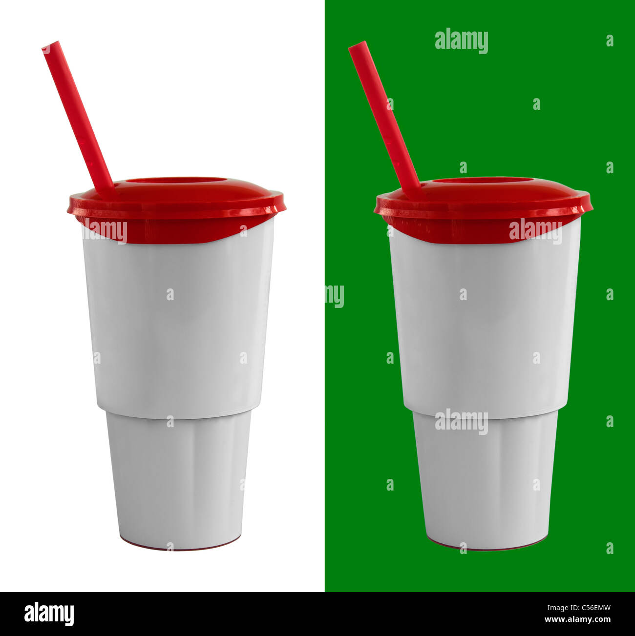 Fast food cup with red tube isolated on white or green background Stock ...