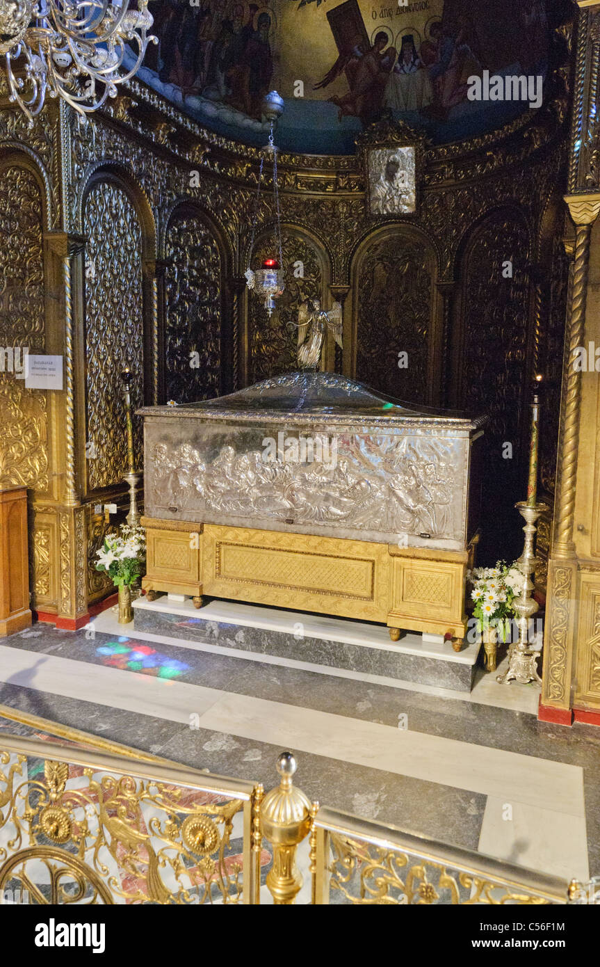 Silver casket inside the Church of St Agios Dionysios with the remains ...