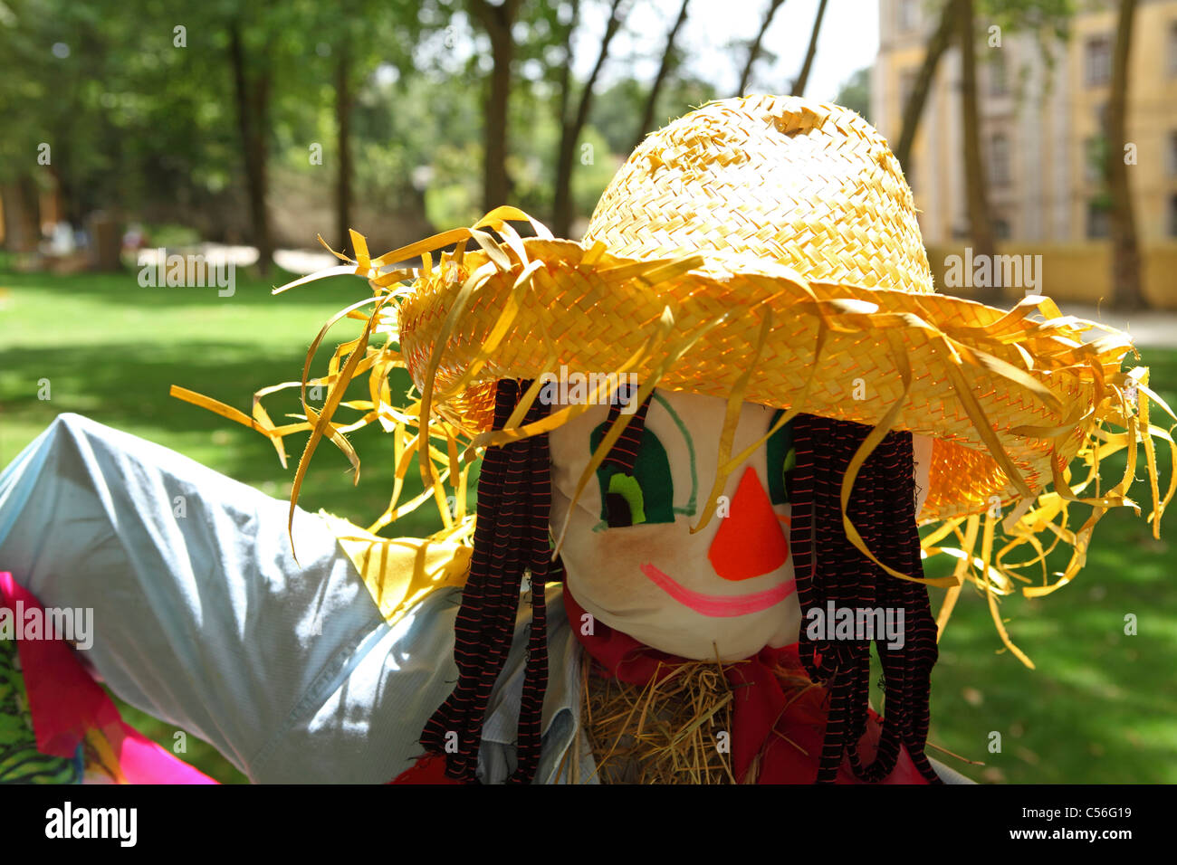 A scarecrow wears a straw hat and stands in a field Stock Photo - Alamy