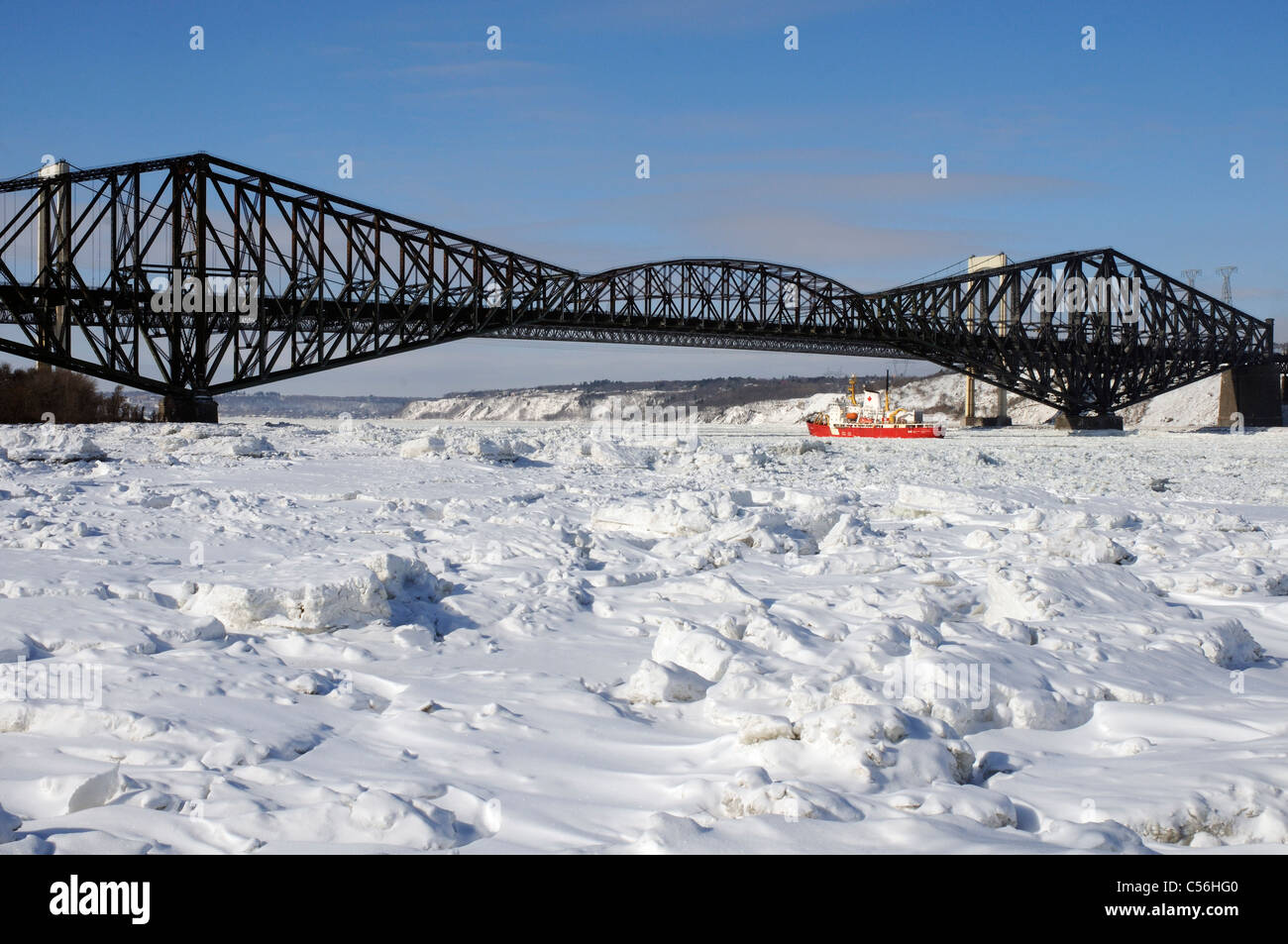 The frozen river ST Lawrence and the Pont de Quebec, Quebec City ...