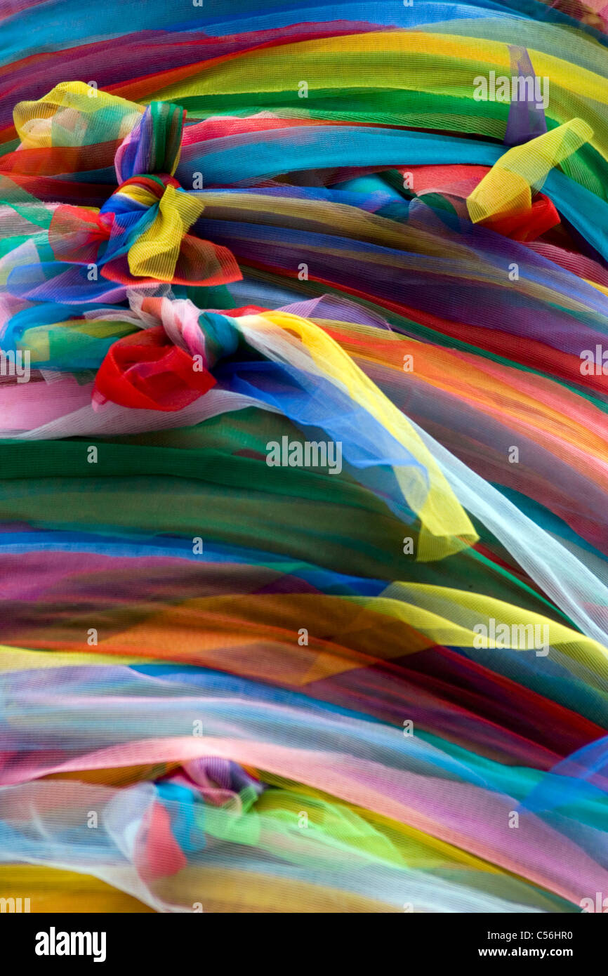 A dispay of bright and colorful ribbons are on display at a Buddhist ...