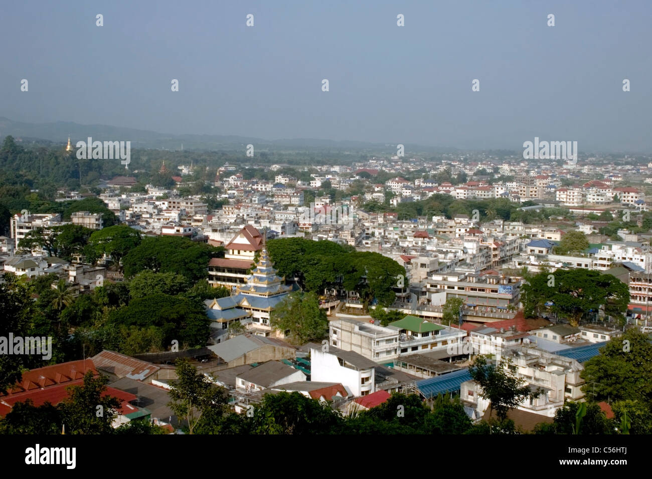 A view from above of the Thailand - Burma border towns of Tachilek ...