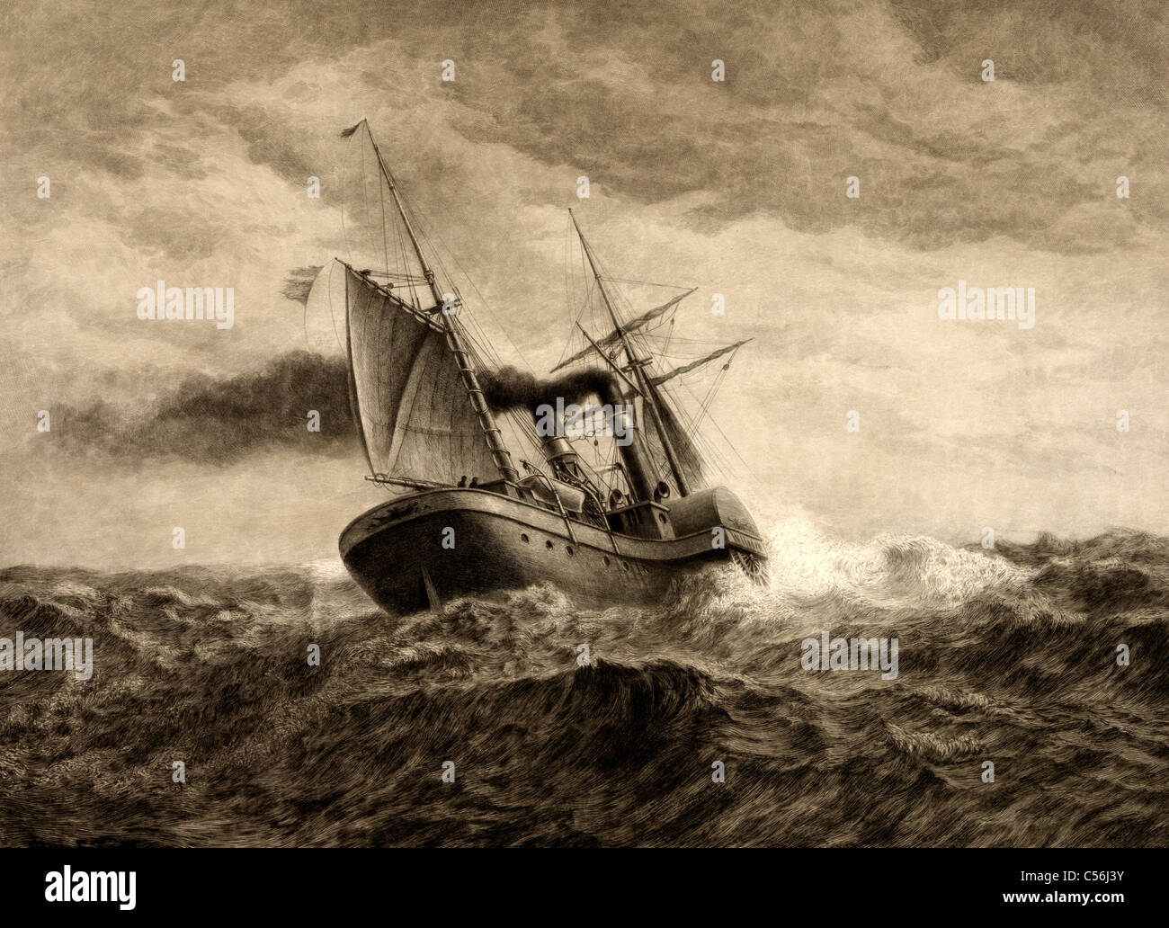 Mid ocean - A sailing ship tossed on the sea Stock Photo - Alamy