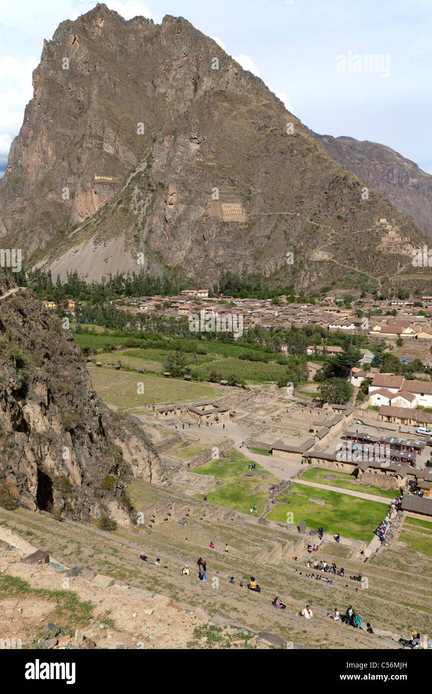 The historic Incan ruins and view over the town at Ollantaytambo, Peru ...