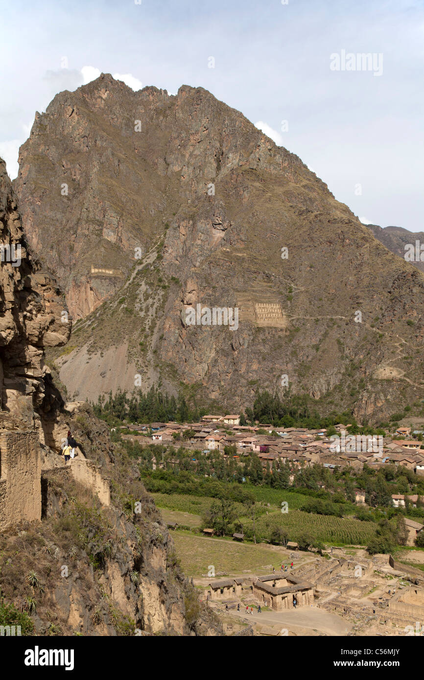 The historic Incan ruins and view over the town in the valley at ...