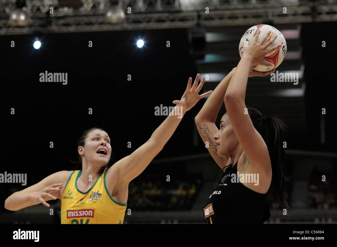 10.07.2011 Susan Fuhrmann of Australia(left) goes in fro the block on ...