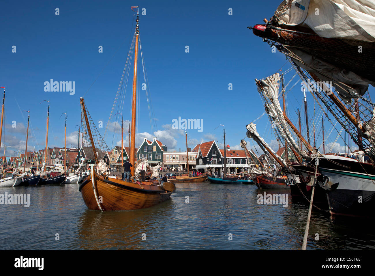 The Netherlands, Volendam, traditional sailing ships in harbour Stock ...