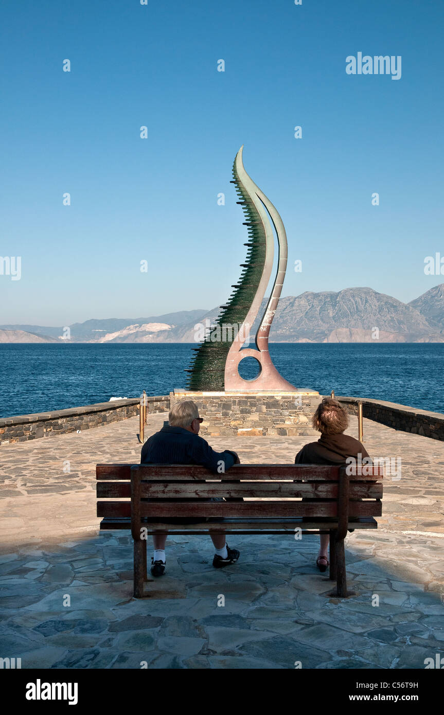 Sculpture on the seafront promenade at Agios Nikolaos in Eastern Crete ...