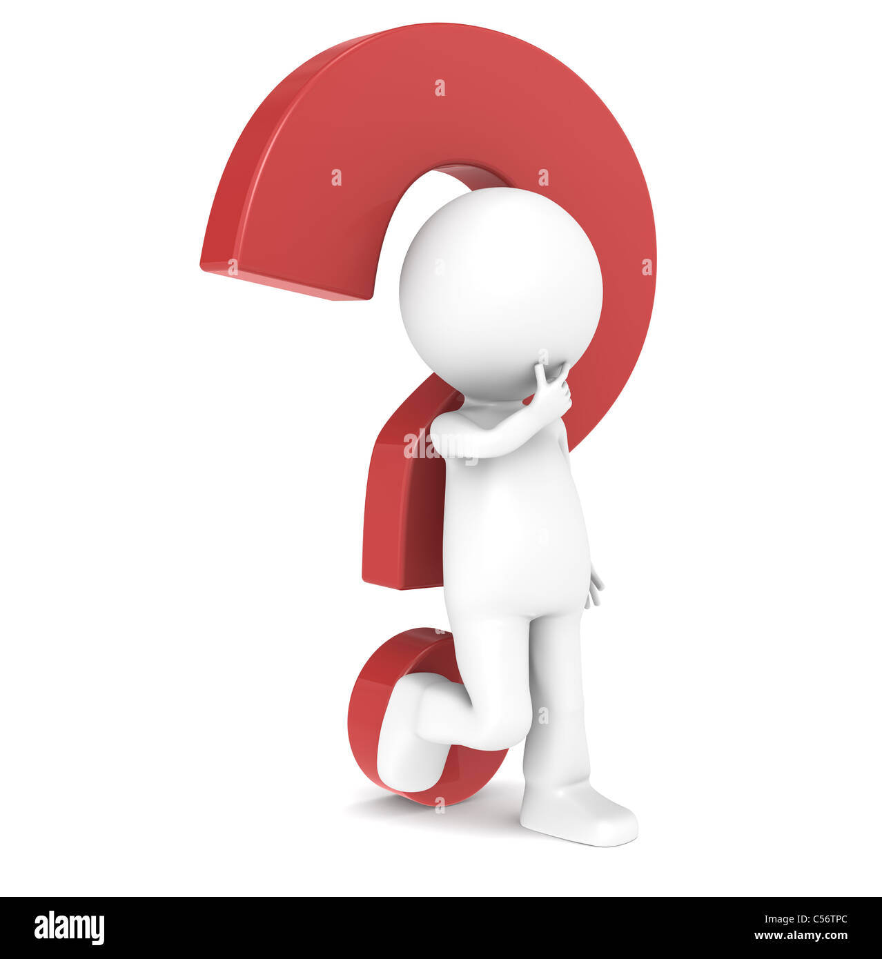 3d human character leaning against a red question mark Stock Photo - Alamy