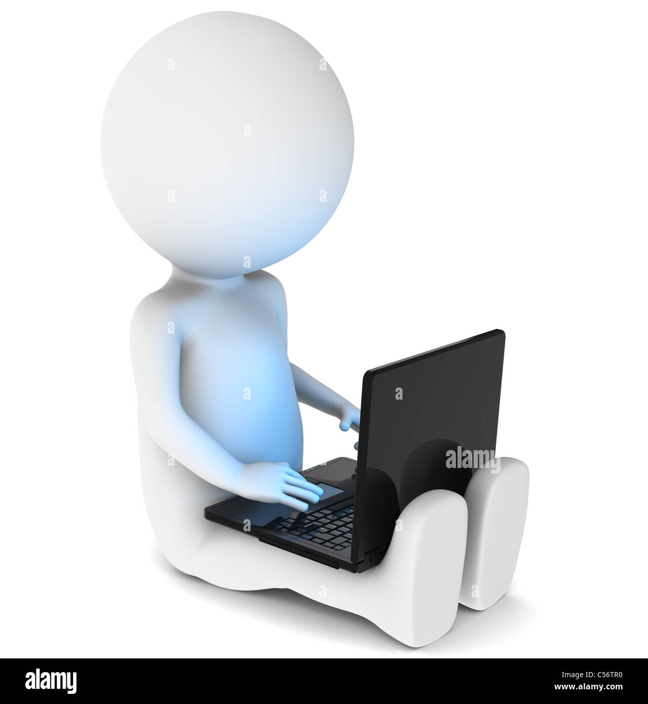 3d little human character with sitting on the ground with a Laptop ...