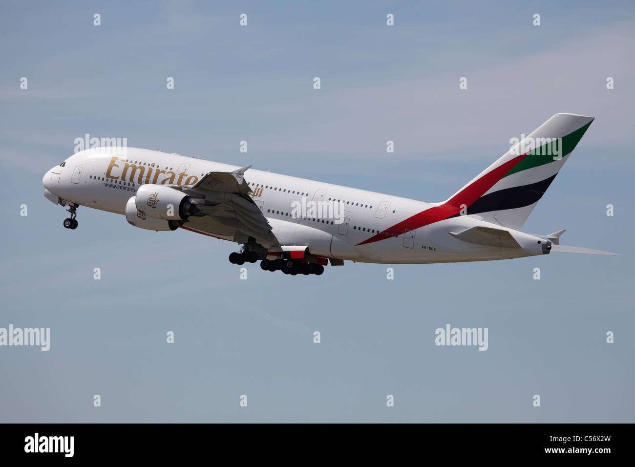 Emirates Airlines Airbus A380 super jumbo taking off at Manchester ...