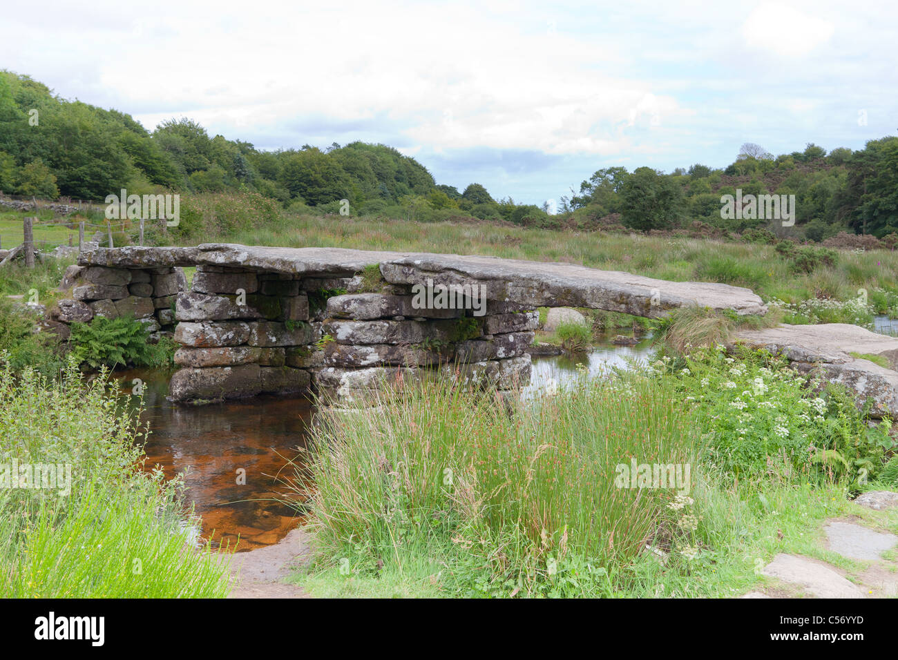 Ancient clapper bridge at Postbridge, Dartmoor, Devon, UK Stock Photo ...