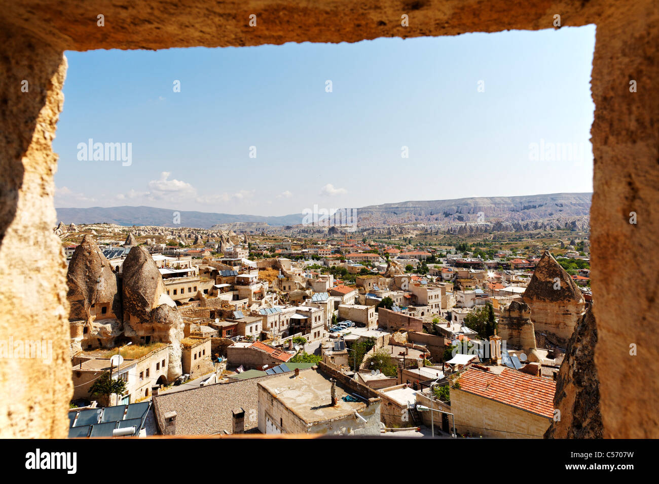 June 2011, Gerome, Cappadocia, Turkey from hotel window, landscape blue ...