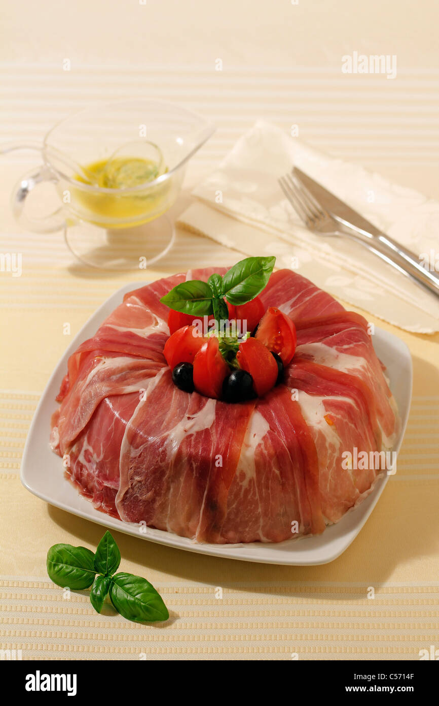 Shaped crown rice with ham. Recipe available Stock Photo - Alamy