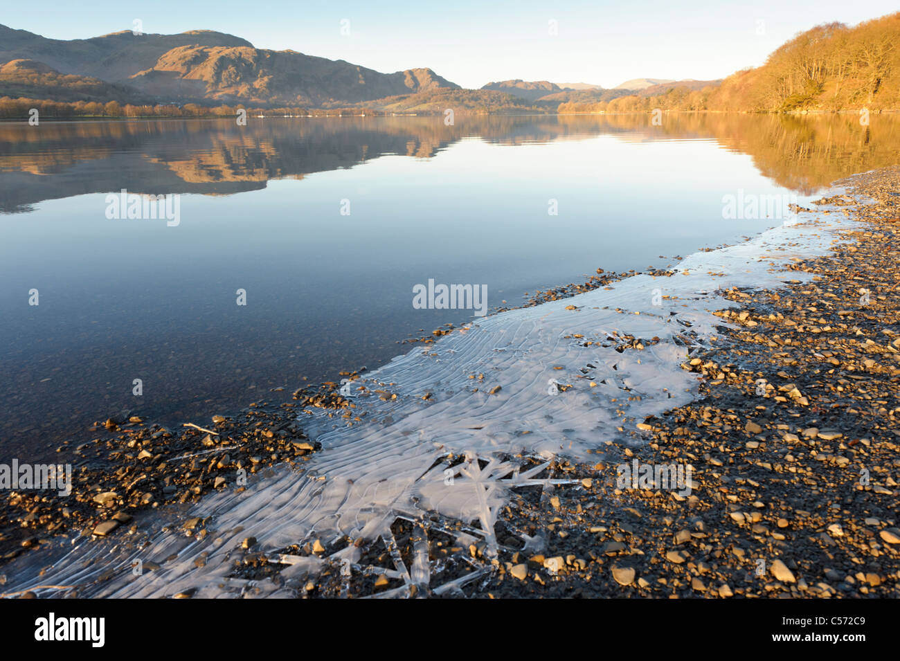 View north across Coniston Water on a still winter evening, Lake ...