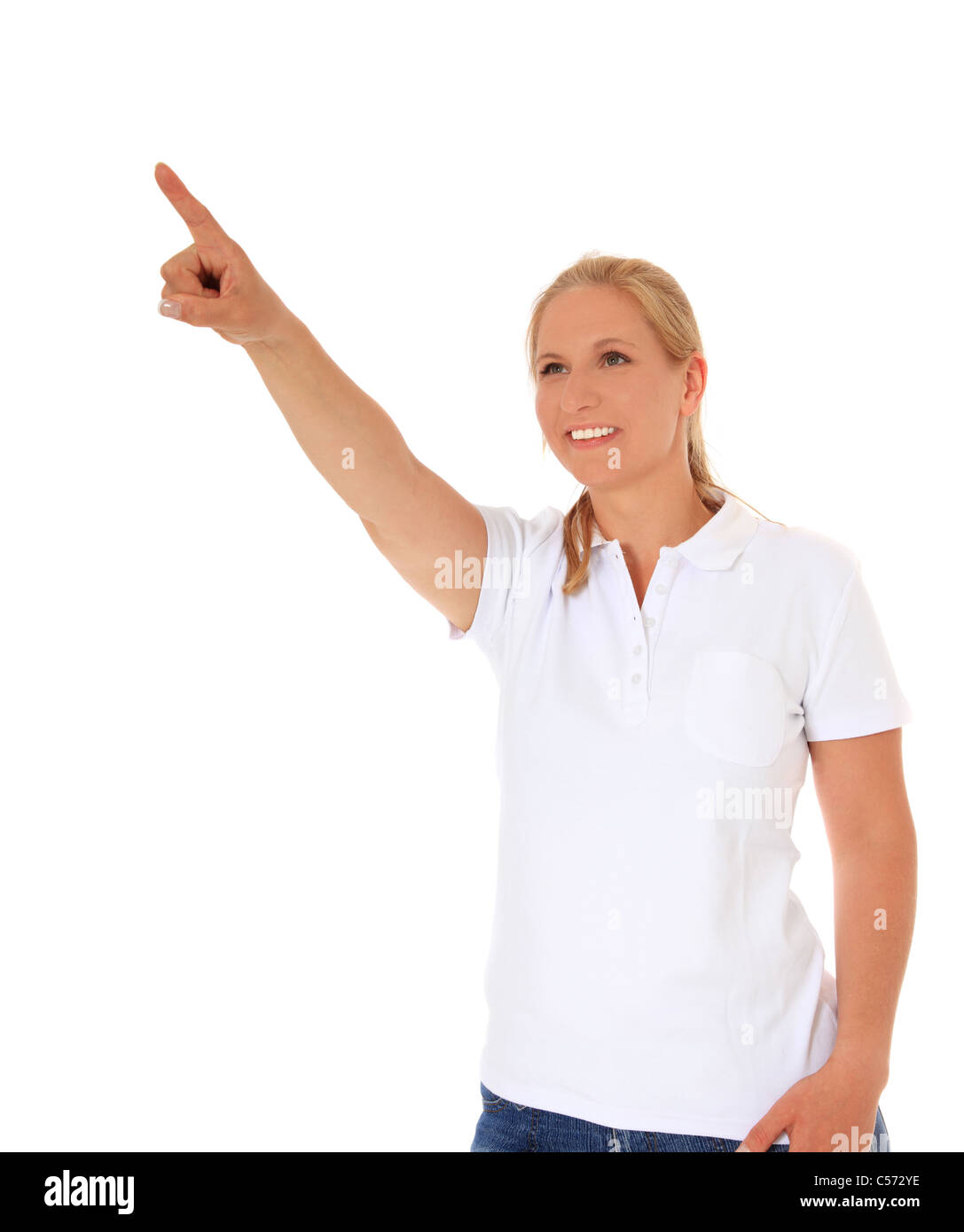 Woman pointing to the side. All on white background Stock Photo - Alamy