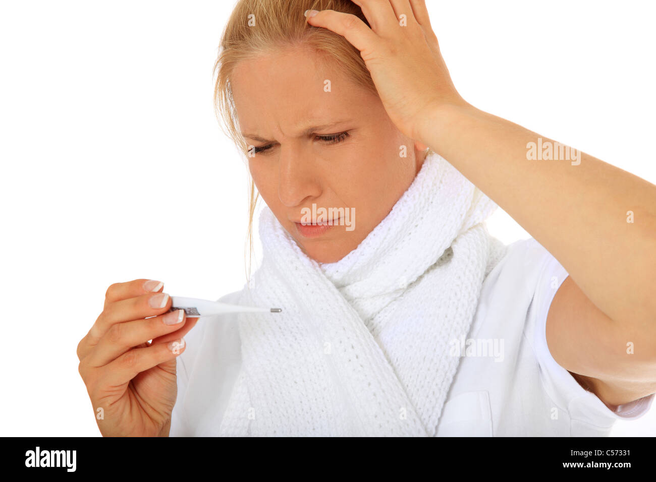 Woman feels unwell. All on white background Stock Photo - Alamy