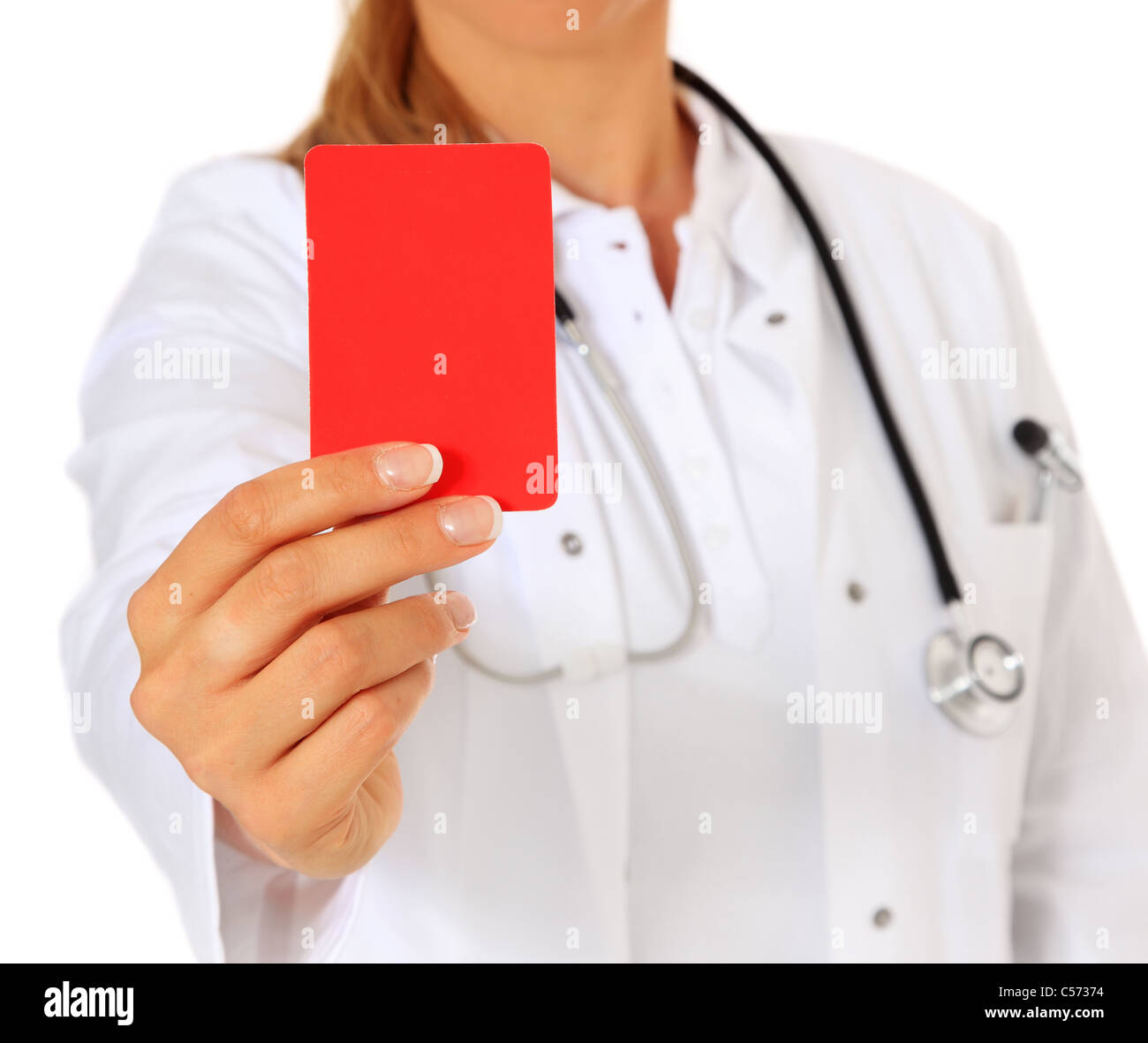 Female doctor showing red card. All on white background Stock Photo - Alamy