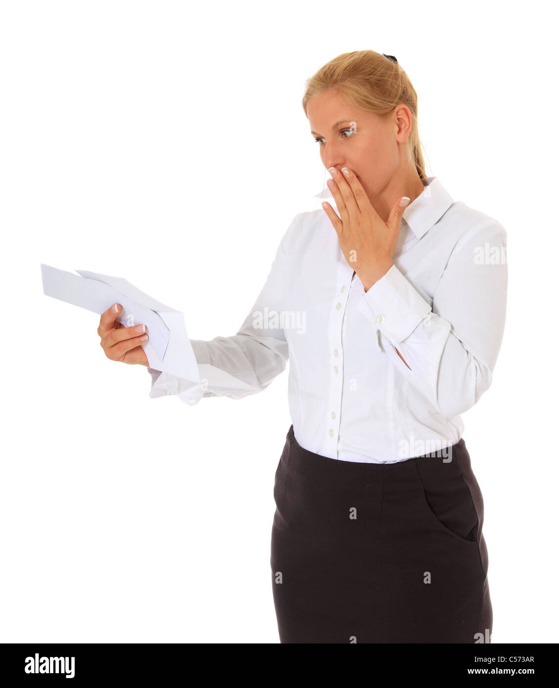 Attractive woman getting bad news. All on white background Stock Photo ...