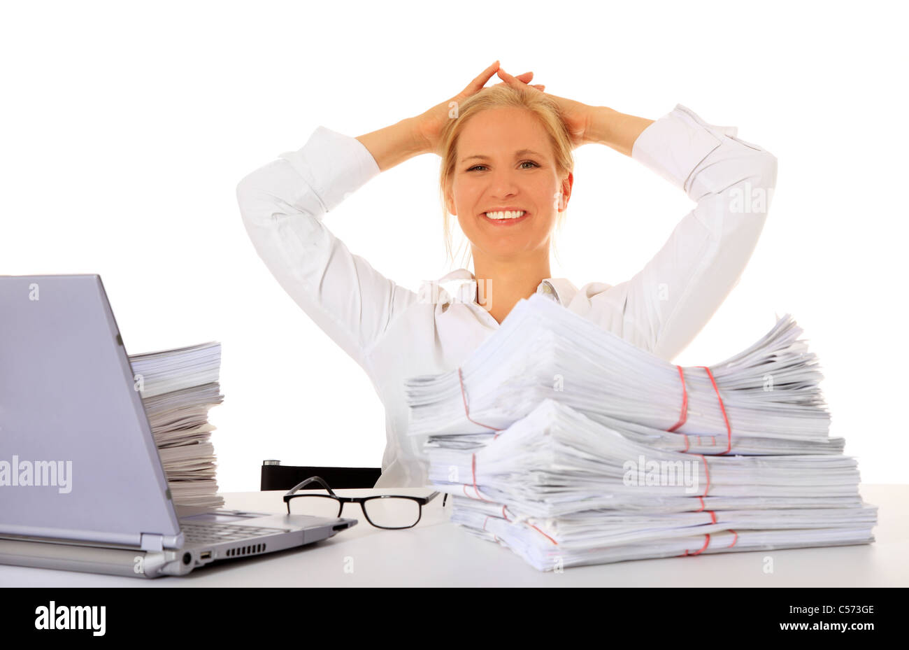 Employee finished work. All on white background Stock Photo - Alamy