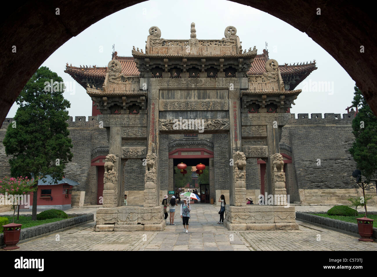 Stone memorial arch of the Ming Dynasty (1368-1644) at Dai Temple in Taishan mountain, Shandong ...