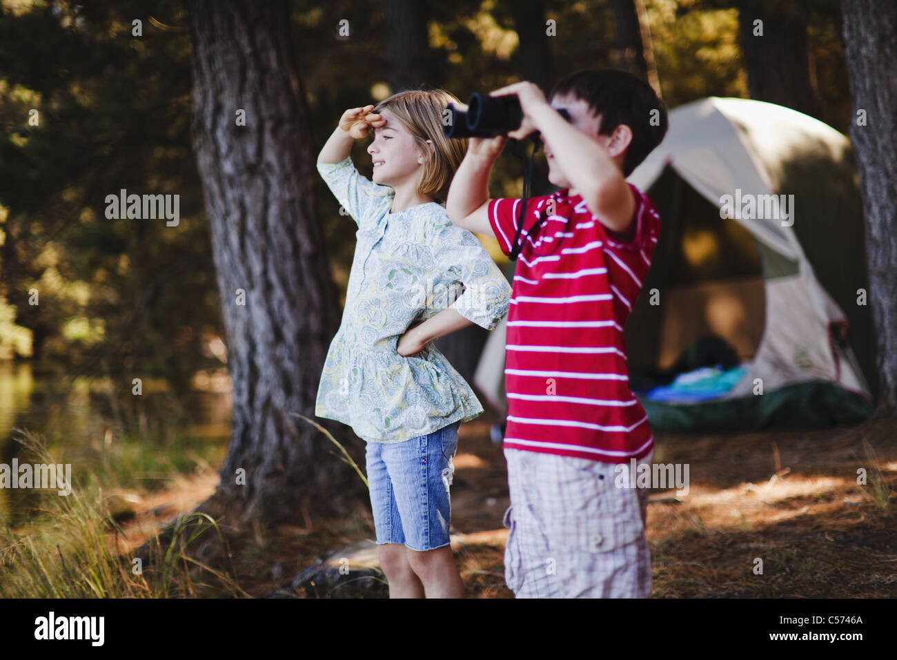 Children admiring view at campsite Stock Photo - Alamy