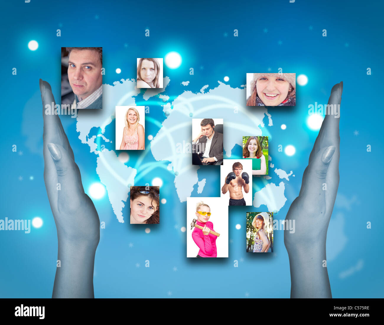 Social network concept. Real photos on the background virtual interface ...