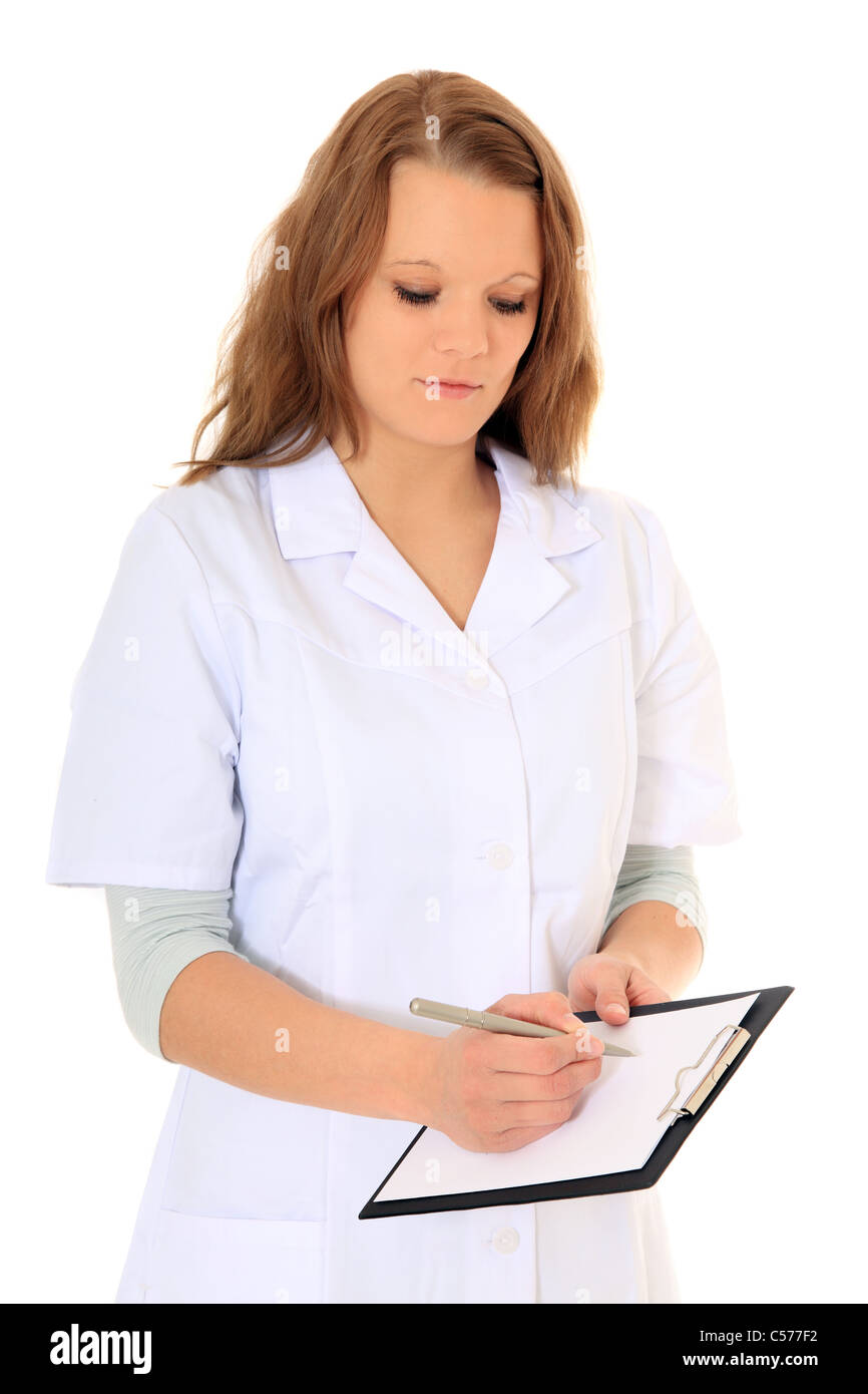 Nurse writing on clipboard. All on white background Stock Photo - Alamy